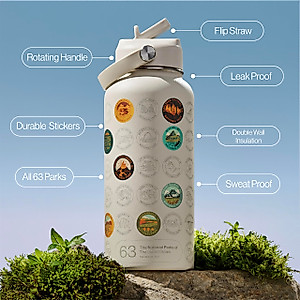 THE GEOPROJECT National Parks Water Bottle with Stickers Kit, Erikas Chesonis Collaboration, Adventure Flask with Straw, Waterproof Stickers for Water Bottle, Insulated Stainless Steel 32oz (Tan)
