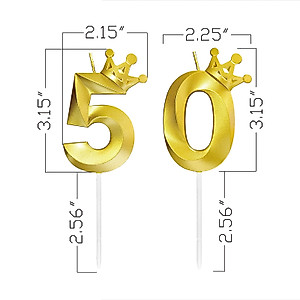 Jumochi 50th Birthday Candles for Cake 3D Crown Design Number 50 Topper Decorations for Celebrations (Gold-3D-Crown-50, 3D-Crown)