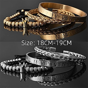 AIDUOMIRZER Luxury Roman Royal Crown Charm Men's bracelet Stainless Steel Geometry Pulseiras Men Open Adjustable Bracelets Couple Jewelry Gift (Gold 3psc/set)