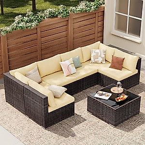 Qsun 7-Piece Patio Furniture Set, Outdoor Sectional PE Wicker Rattan Patio Set. Outdoor Furniture a Glass Coffee Table for Porch Poolside Balcony (Brown Rattan, Beige Cushion)