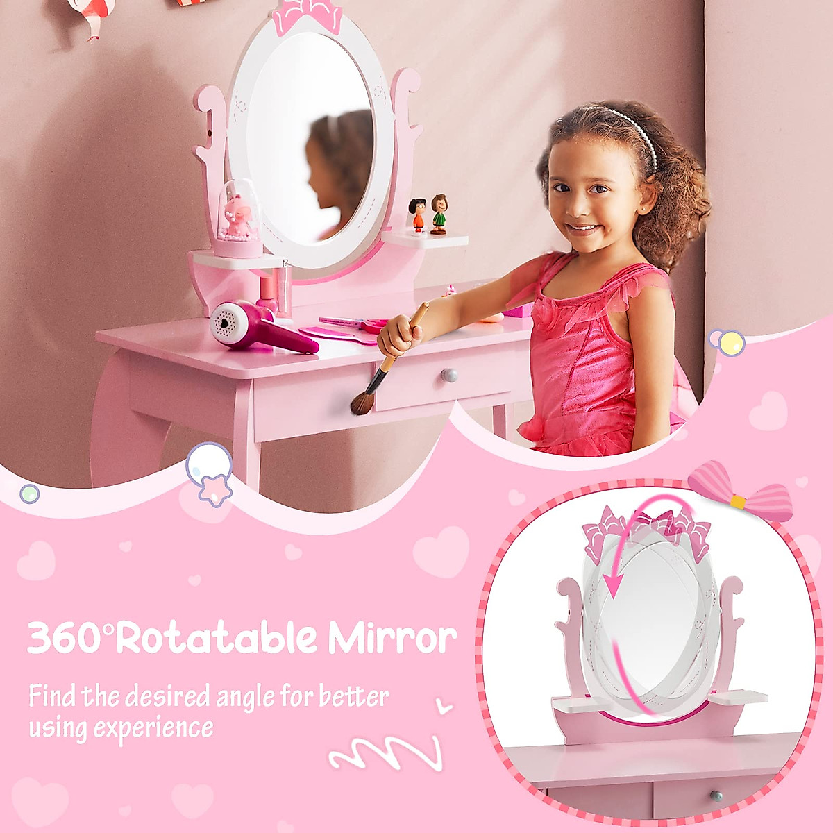 Costzon Kids Vanity Set with Mirror, 2 in 1 Princess Makeup Dressing Table w/Detachable Top, Toddler Vanity with 360° Rotating Mirror, Drawer & Stool, Pretend Play Vanity Set for Little Girls, Pink