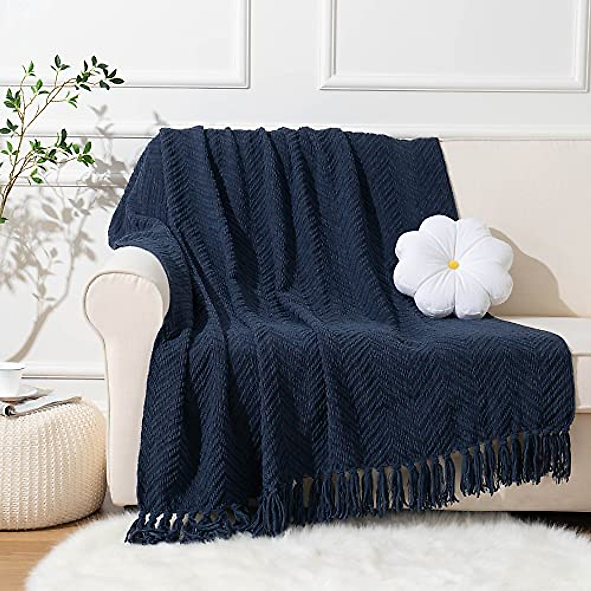 BATTILO HOME Navy Blue Throw Blanket for Couch, Knitted Blue Blanket Throw 50'' x 60'', Super Soft Warm Navy Throws for Chair Sofa Home Decor