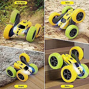 QUNREDA Remote Control Car, RC Car Toys for 6-12 Year Old Boys, Off Road RC Stunt Car 4WD 360° Rotating Remote Control Car for Kids, Boys Girls Gifts for Birthday, Christmas (Yellow&Green)