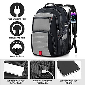 Extra Large Backpack, Travel Backpack, Laptop Backpack for Men Women, Big Backpack, 50L Water Resistant Flight Approved Business Work Computer Heavy Duty Bag with USB Port, Fits 17 Inch Laptops, Grey