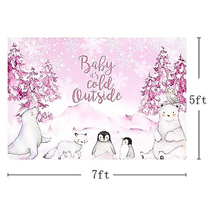 MEHOFOND 7x5ft Winter Baby Shower Backdrop Baby It's Cold Outside Background Pink Watercolor Artic Animals Penguin Baby Shower Party Banner Decorations Photo Booth Props