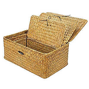 Yesland Shelf Baskets with Lid Set of 3, Handwoven Seagrass Storage Bins Box Rectangular Seagrass Basket Storage Organizer Wicker Basket for Shelf