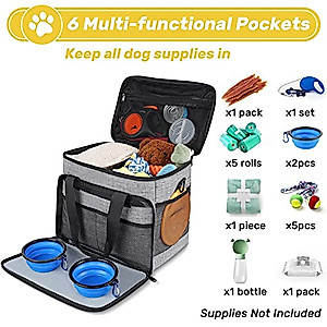 6 Set Dog Travel Bag, Large Pet Travel Kit for Supplies Includes 2 Food Containers, 1 Travel Organizer for Dogs, 2 Collapsible Bowls, 1 Treat Pouch, Dog Weekend Overnight Travel Bags Luggage, Grey