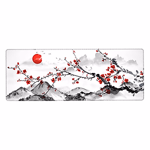 Watercolor Cherry Blossom Mouse Pad 31.5x11.8 Inch Pink Full Desk Japanese Sakura Mousepad Extended Large Non-Slip Rubber Base Waterproof Big Keyboard Mat with Stitched Edges for Gaming and Office