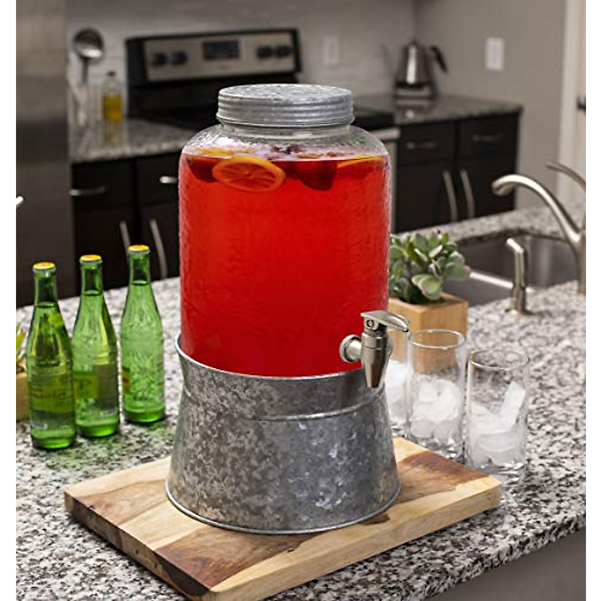 BirdRock Home 2.5 Gallon Pebbled Glass Beverage Dispenser with Galvanized Stand - Lid - Spigot - Decorative Round Jar for Drinks - Lemonade Sangria Tea Water Drink Jar Jug - Home Parties