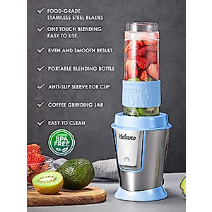 Personal Blender with 2 x 20oz Travel Bottle and Coffee/Spices Jar, Portable Smoothie Blender and Coffee Grinder in One, 500W Single Serve Blender for Shakes and Smoothies, BPA free, by Yabano (Blue)