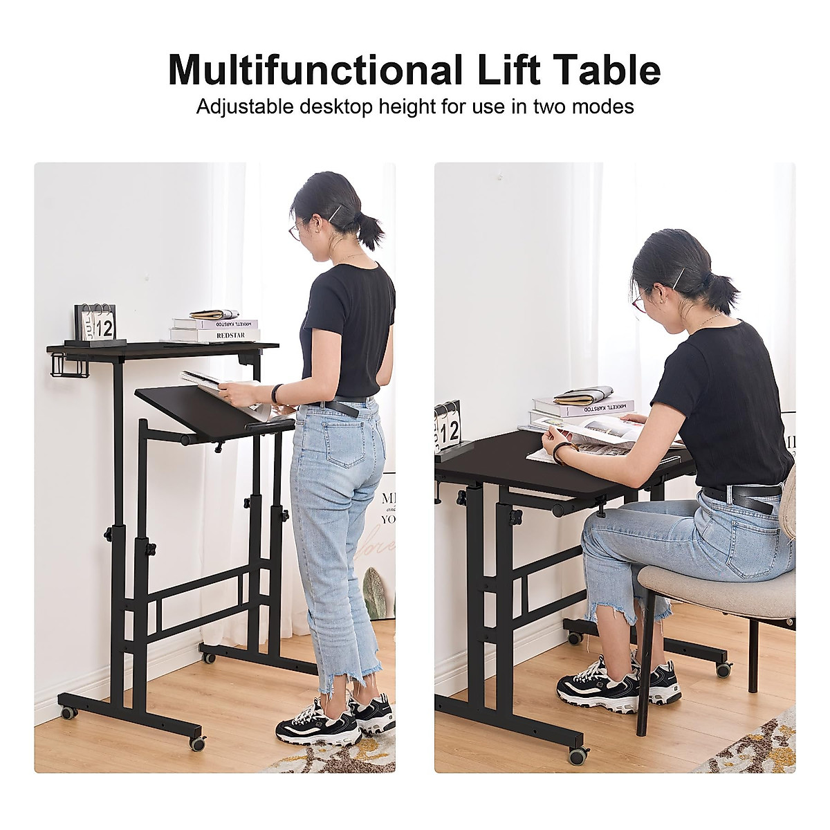 SogesPower 2 Platforms Mobile Laptop Desk Adjustable Side Table Computer Stand for Bed Sofa,Mobile Standing Desk with Cup Holder and Hooks,Black