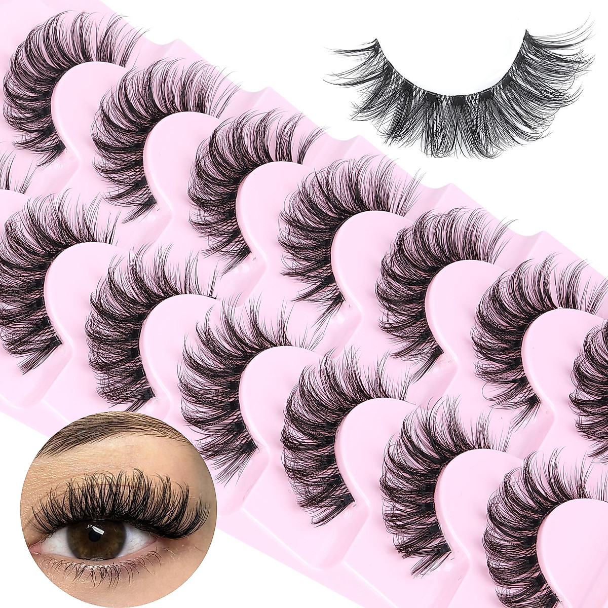 JIMIRE Natural False Eyelashes with Clear Band Mink Fluffy Lashes D Curl Strip Lashes 16MM Volume Natural Look like Lash Extension 5D Cat Eye Lashes 7 Pairs Pack