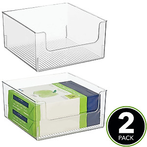 mDesign Modern Wide Plastic Open Front Dip Storage Organizer Bin Basket for Home Office Organization - Shelf, Cubby, Cabinet, and Closet Organizing Decor - Ligne Collection - 2 Pack - Clear