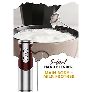 MegaWise Pro Titanium Reinforced 5 in1 Immersion Hand Blender, Powerful with 80% Sharper Blades, 12 Speed Corded Blender, Including 500ml Chopper, 600ml Beaker, Whisk and Milk Frother