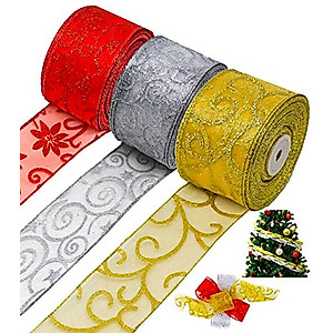 JOYIN 3 Color Rolls Christmas Ribbon Wired 2.75'', 100+ Yard Total， Sheer Glitter Swirl Ribbon for Holiday Xmas Gift Box Wrapping, Hair Bows Making, Christmas Tree, Sewing, Craft Decoration