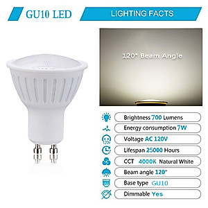YMZM GU10 7Watt LED Spotlight Bulbs (Equivalent 65watt Halogen Bulbs) 4000K Natural White 700Lumen MR16 LED Light Bulb 120Volt 120 Degree GU10 Base Dimmable Indoor Led Light Bulbs (Pack of 4)