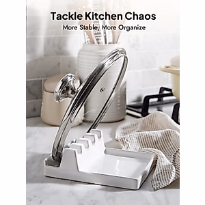 LE TAUCI Ceramic Spoon Rest for Stove Top, Spoon and Lid Rest for Kitchen Counter, Spoon Holder with Drip Pad for Multiple Utensils, Heat-Resistant, Housewarming Present - 6.2 inch, Set of 1, White