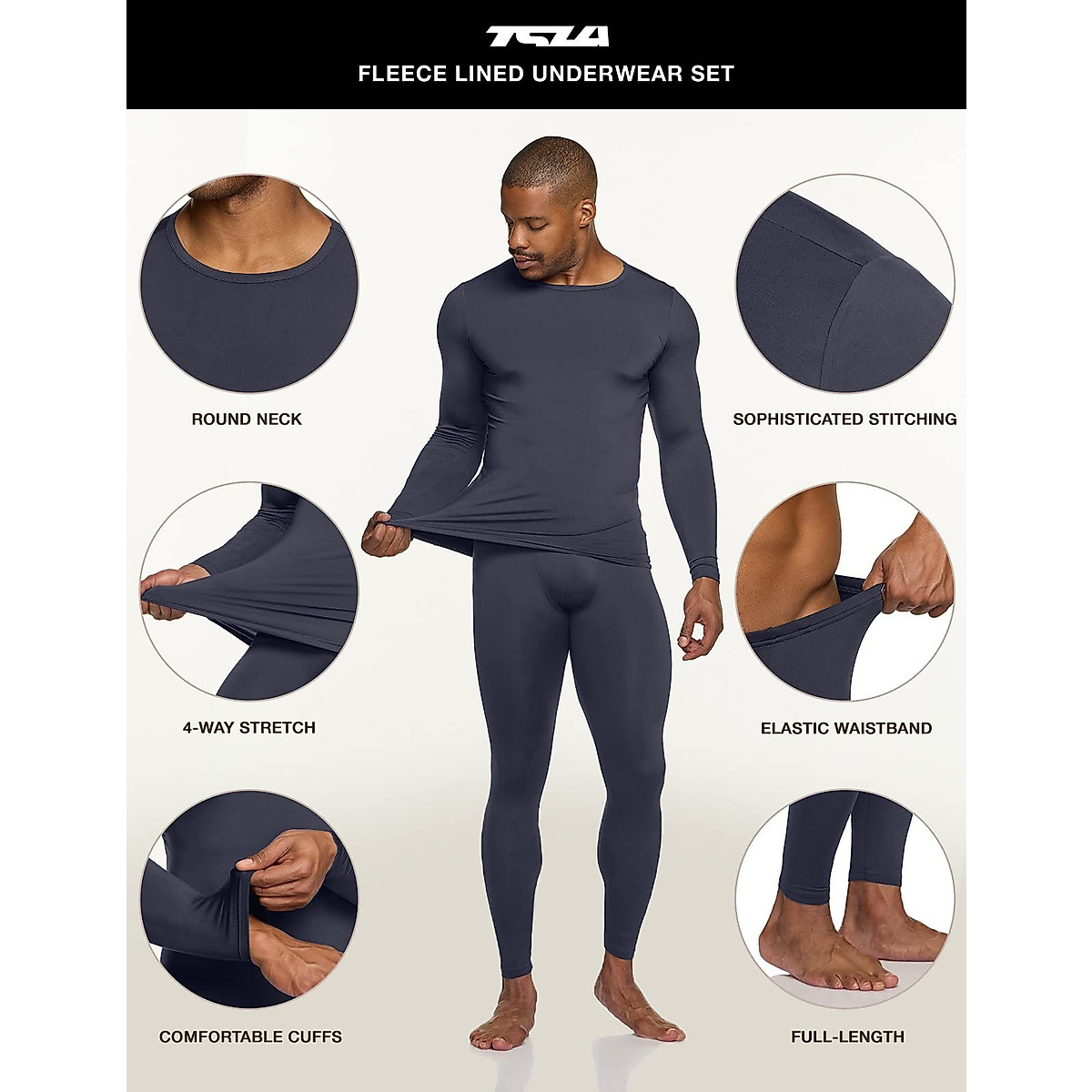TSLA Men's Thermal Underwear Set, Microfiber Soft Fleece Lined Long Johns, Winter Warm Base Layer Top & Bottom, Soft Micro Fleece Dark Grey, Large