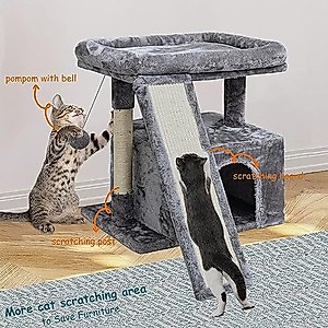 SIYIPURR Small Cat Tree for Indoor Cats，Cat Tower with Cat Scratching Post and Board，Cat House with Cat Perch for Kitten, Cat Condo,Stable Cat Stand (Light Grey)