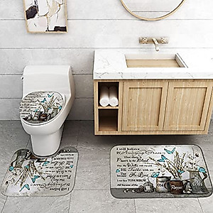 OLEBETY 4PCS/Set Inspirational Quotes Shower Curtain, Blue Butterfly White Cotton Flower Vintage Floral Country Rustic Farmhouse Bathroom Decor, Non-slip Bath Mat, Amazing Grace