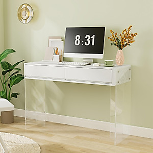 Tribesigns Makeup Vanity Desk with 2 Drawers, Modern Writing Computer Desk with Acrylic Legs, White Vanity Dressing Table for Bedroom (Without Mirror)