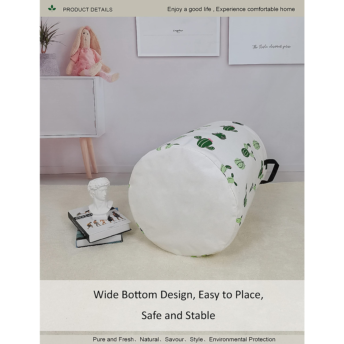 ONOEV Round Fabric Storage Bin,Decorative Basket,Organizer Basket with Handles,for Clothes Storage,books and sundries (Green Cactus), 19.7inch(H) x 15.7inch(D)