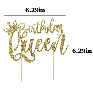 YUINYO Handmade Glitter Queen Birthday Cake Topper, Happy Birthday Cake Bunting Decor, Birthday Party Decoration Supplies (Gold)