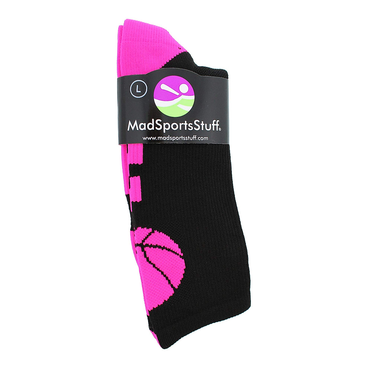 MadSportsStuff Basketball Socks with Basketball Logo Crew Socks (Black/Neon Pink, Small)