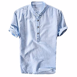 YOMXL Cotton T-Shirt Men's Solid Color Stand Collar Short Sleeve Tops Summer Button Front Tee T Shirts Blue