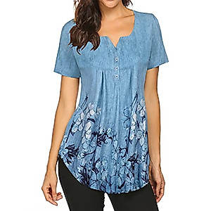 Halife Womens Tops Hide Belly Tunic Short Sleeve Summer Blouses Casual Floral Henley Shirt Blue M