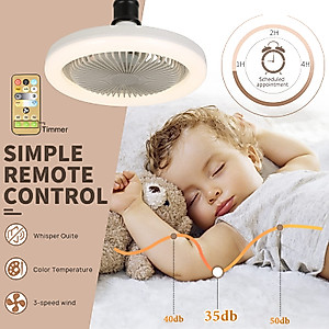 BaoBrot 10" Socket Fan Light,Small Mini Ceiling Fan With Lights Remote,3 speeds 3 Color Dimming Plug in Ceiling Fan, Family Summer Gift for Garage Tool Room and Store Room
