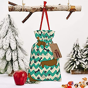 Drawstrings Christmas Gift Bags Cartoon-Dachshunds-Bones-Paw Presents Wrapping Bags Xmas Gift Wrapping Sacks Pouches Medium