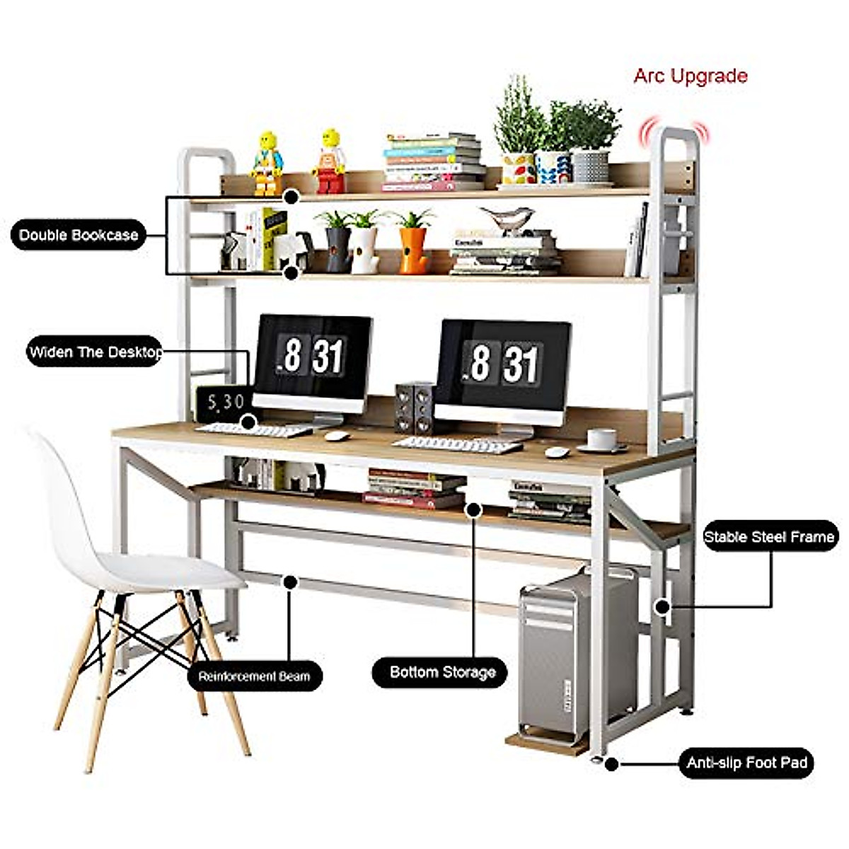 TOPYL Computer Desk with Hutch,Modern Writing Desk with Storage Shelves,Office Study Desk Gaming Desk Workstation for Home Office,Wood + Metal Legs