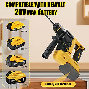 Rotary Hammer Drill Compatible With Dewalt 20V MAX Battery, Brushless SDS Cordless Rotary Hammer for Concrete/Masonry, 2 Modes with 360°Auxiliary Handle and 4 Drill Bits (Battery not included)