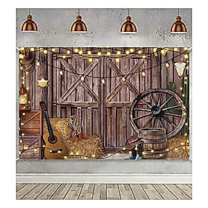MAQTT Western Cowboy Photography Backdrop Rustic Farmhouse Wooden Barn Door Backdrop for Party Guitar and Lights Photo Background Children Birthday Party Decoration 7x5ft