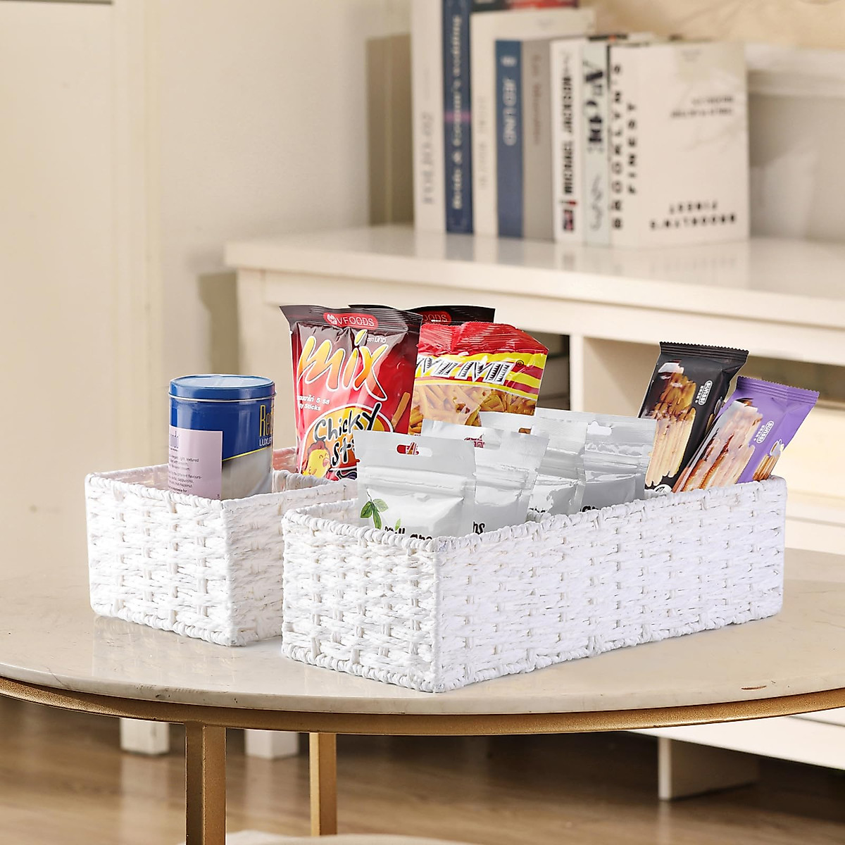 Vagusicc 3-Section Wicker Baskets for Shelves, Hand-Woven Paper Rope Wicker Storage Basket, Toilet Paper Basket for Toilet Tank Top, Baskets for Organizing, 2-Pack, White