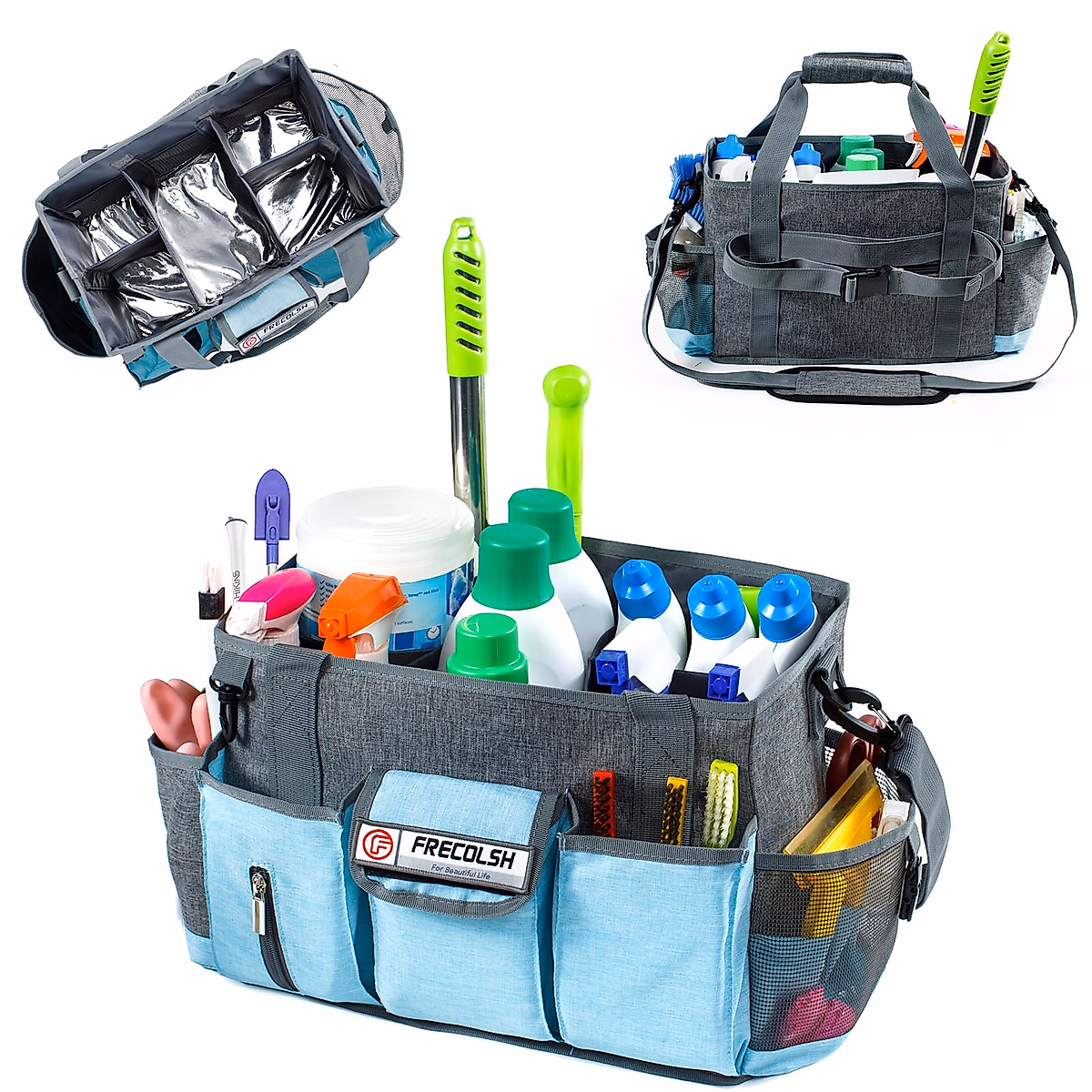 FRECOLSH Grey-Blue Cleaning Caddy, Oxford Polyester, Adjustable 5 Compartments, Padded Carry Handle, Waterproof Interior, Ideal for Housekeeping and Cleaning Supplies