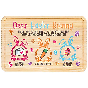 Whaline Easter Cookie Plate Dear Easter Bunny Wooden Cookie Tray Easter Egg Carrot Drink Wooden Treat Plate Rectangle Easter Tray Bundle for Easter Gifts Decoration Supplies, 11.8x7.8 Inch