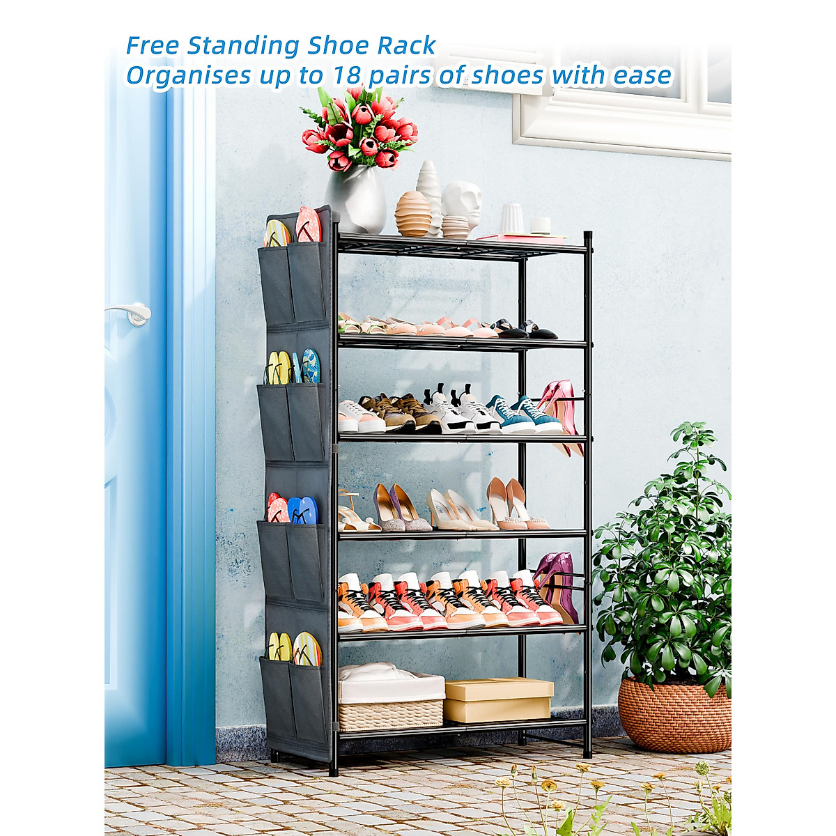 MWQ 6 Tier Shoe Rack Metal with Side Pocket, Sturdy Tall Shoe Organizer Storage Shelf for Closet, Black