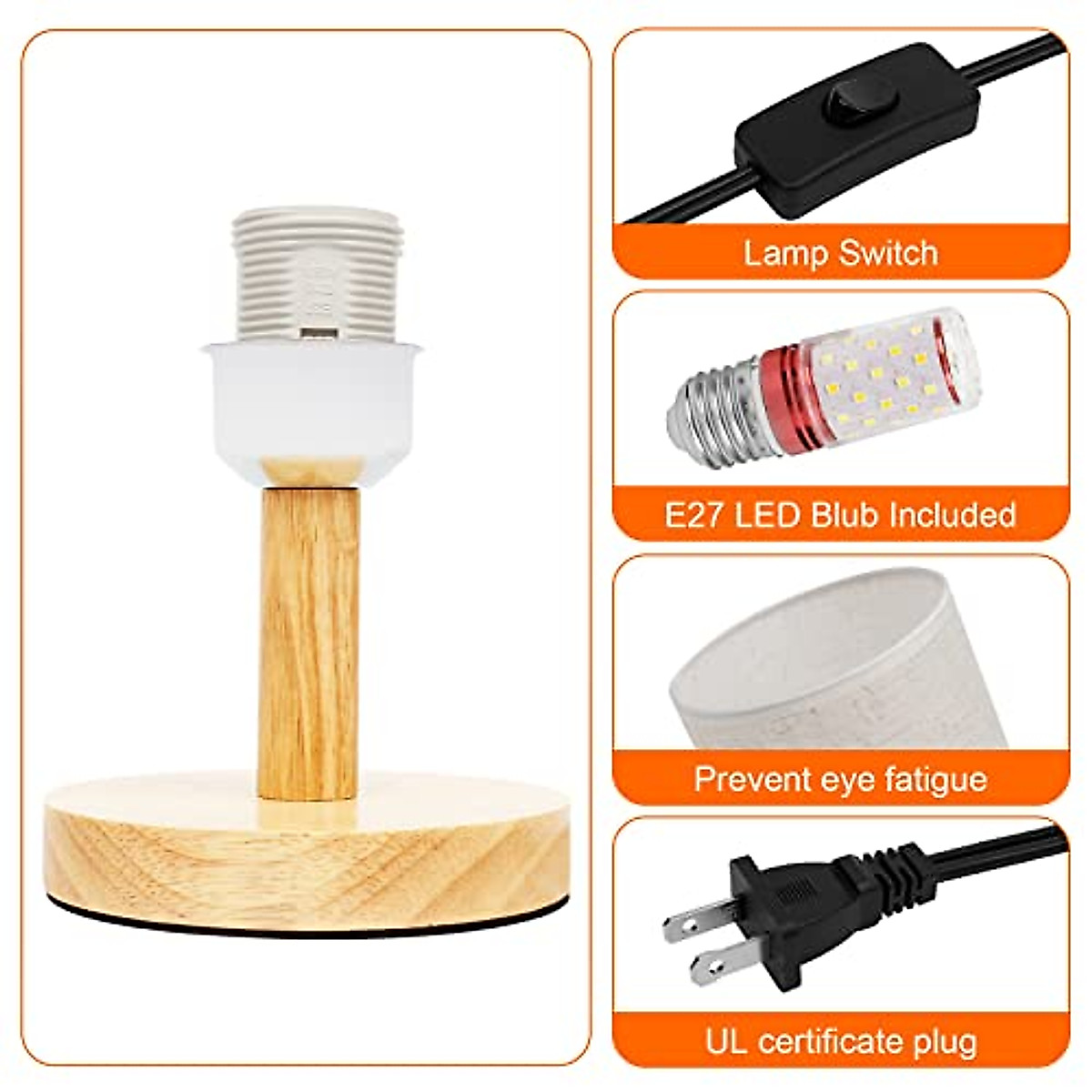 ALOTUS Table Lamp for Bedroom - 12W Bedside Lamps for Nightstand, Solid Wood Night Stand Light Lamp with Round Flaxen Fabric Shade for Living Room, Dorm, Home Office (LED Bulb Included)