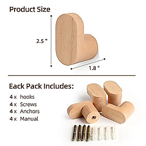 LIVESO Wood Wall Hooks, Modern Minimalist Wood Hooks Wall Mounted, Natural Wooden Wall Coat Hook Rack, Wooden pegs for Hanging Hat, Towel, Robe, Bag (Pack of 4pcs)