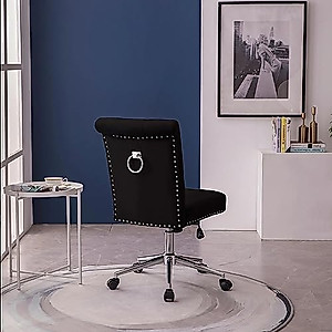 JOUUQZ Velvet Office Chair Button Tufted Swivel Adjustable Desk Chair with Nailheads Trim, Upholstered Armless Black Home Office Desk Chair with Wheels and Metal Base