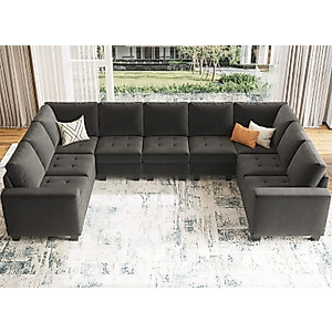 Belffin Oversized Velvet Modular 9 Seater U-shape Sectional Sofa Set with Chaise Convertible sectional Sofa Couch Set Modular Couch Corner U Shaped Sectoional Sofa Grey