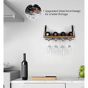 JACKCUBE Design Rustic Wood Wall Mount Wine Rack with 4 Metal Wire Glass Holder Home Kitchen Décor Storage Rack- MK478A