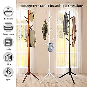 DADILL Wooden Tree Coat Rack with 3 Adjustable Sizes, 8 Hooks, Easy Assembly Free Standing Solid Coat Hanger Stand for Clothes, Garment, Hats, Umbrellas, Scarves in Hallway, Entryway, Dark Walnut