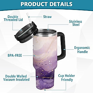SEHANY Purple Marble 30 Oz Tumbler with Lid and Straw, Double Vacuum Stainless Steel Insulated Sports Water Bottle Cup Holder Friendly Leak-Proof Travel Coffee Cup for Iced Drink