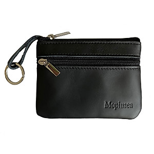 Moplusea Genuine Leather Small Coin Purse Wallet With Keychain Mini Change Purse Coin Pouch Holder For Men (GLCB010 Black)
