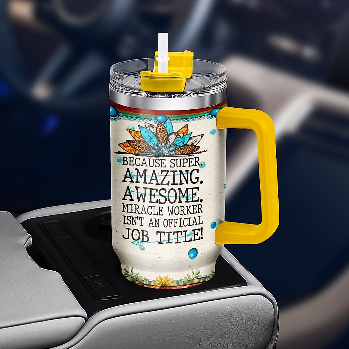 9GIFT4YOU Chaos Coordinator Leopard Sunflower, Tumbler 40 Oz With Handle Lid And Straw, Chaos Coordinator Gifts, Handle Tumblers Flower Butterfly Yellow Coffee Women For Floral Black