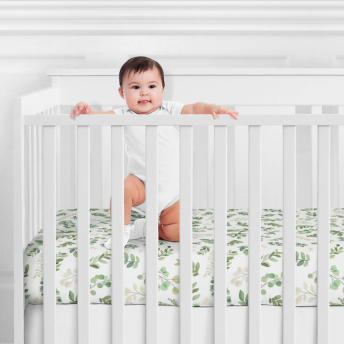 Sweet Jojo Designs Leaf Boy Girl Jersey Stretch Knit Baby Fitted Crib Sheet for Soft Toddler Bed Nursery - Green White Boho Watercolor Botanical Floral Flower Woodland Tropical Garden