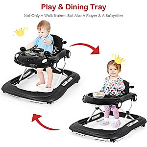 HONEY JOY Baby Walker, Activity Walker w/Adjustable Height, Convertible Food Tray, Padded Seat, Music & Light, Horn, Foldable Car Walker for Baby Boys Girls Age 6 Months+(Black)